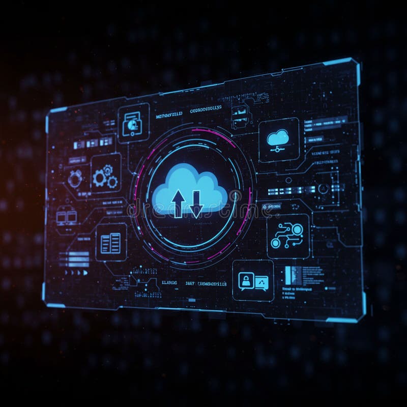 Futuristic Digital Interface Featuring a Central Cloud Icon with Up and Down Arrows, Stock ...
