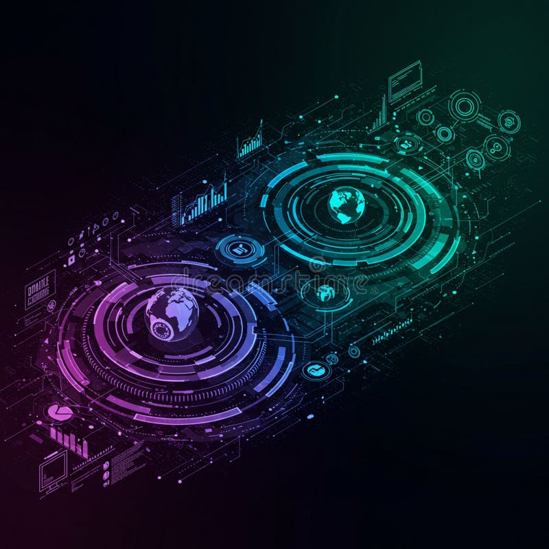 Futuristic Digital Interface Featuring Circular Elements and World Maps ...