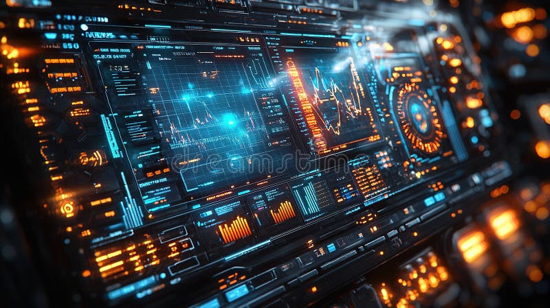 Futuristic Digital Interface Featuring a Complex Display of Information, Data Charts, and ...