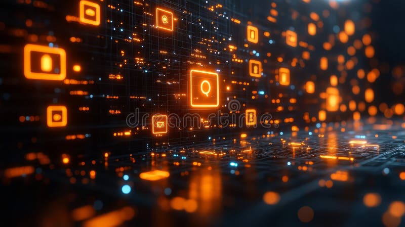 Futuristic Digital Interface Featuring Glowing Icons and Communication ...