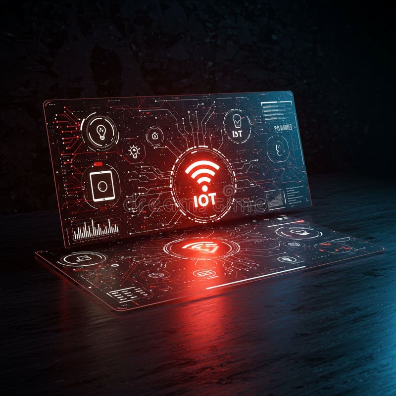 Futuristic Digital Interface Featuring a Holographic Display with "IoT ...