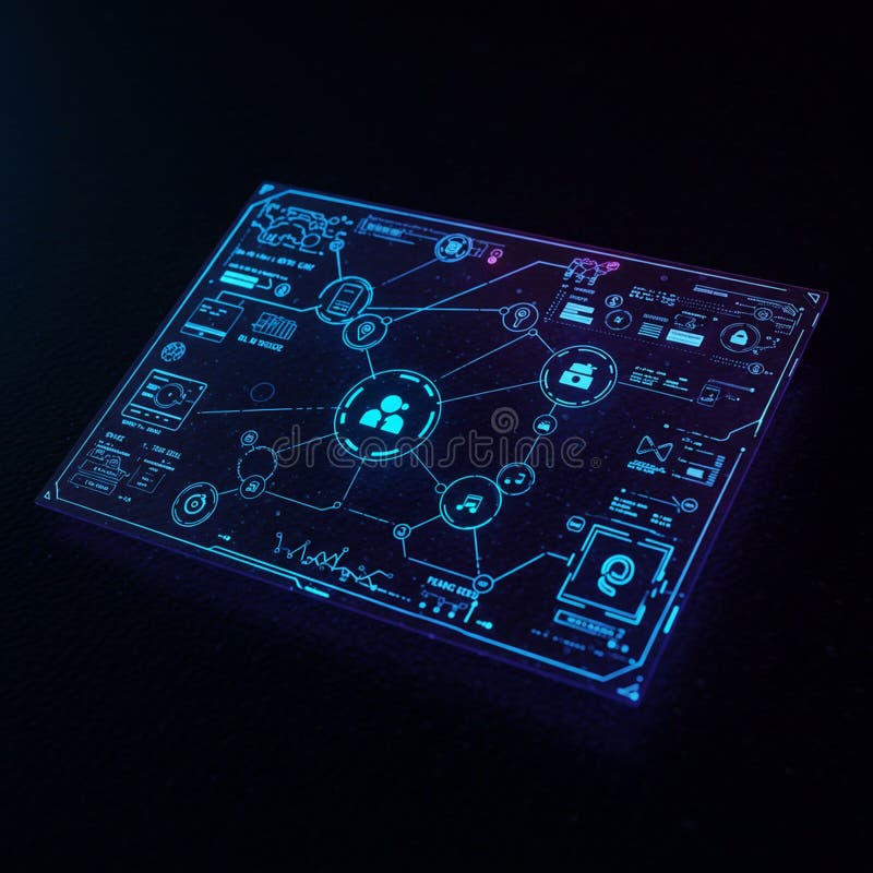 Futuristic Digital Interface Featuring Interconnected Network Symbols ...