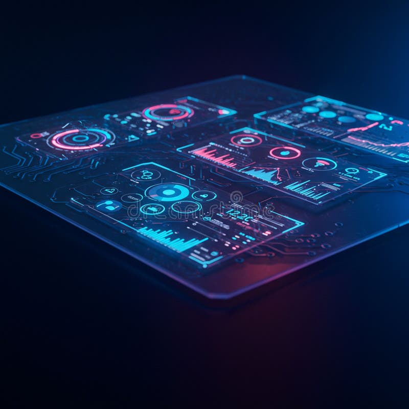 Futuristic Digital Interface Featuring Multiple Neon-colored Holographic Screens Stock ...