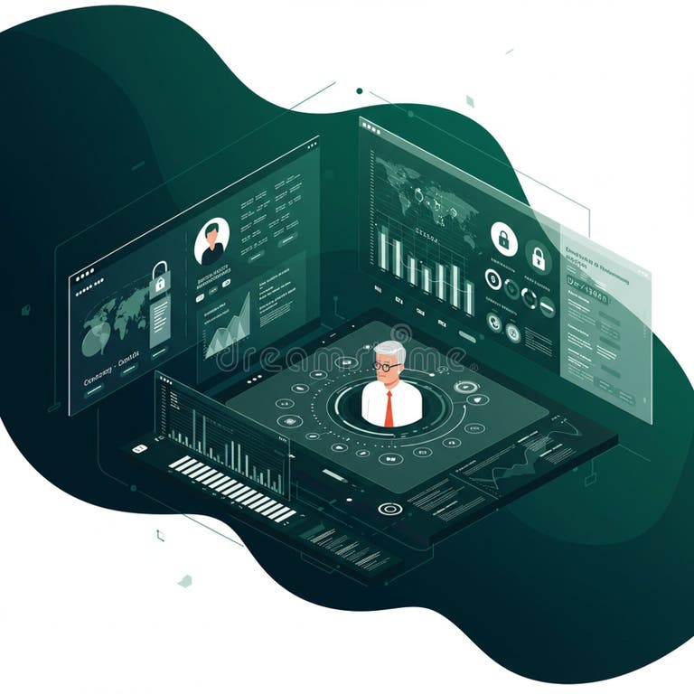 Futuristic Digital Interface Featuring Multiple Screens Displaying Data Visualizations Stock ...