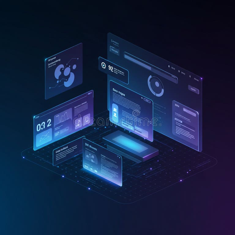 Futuristic Digital Interface Featuring Multiple Translucent Screens Displaying Graphs, Stock ...