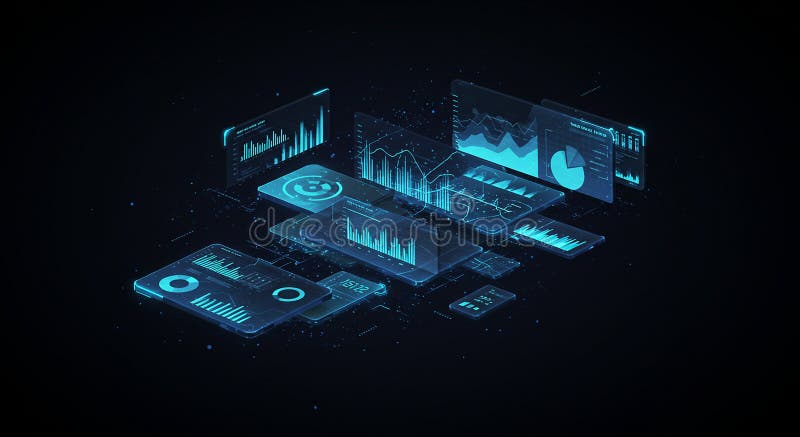 Futuristic Digital Interface Featuring Multiple Transparent Screens Displaying Stock ...