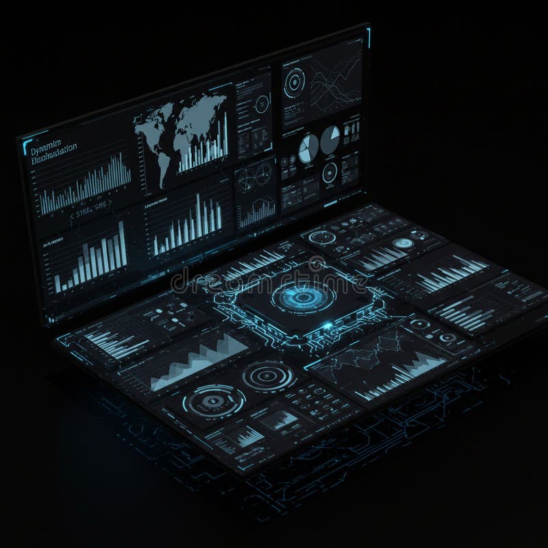 Uturistic Digital Interface Featuring Numerous Holographic Screens Displaying Various Stock ...