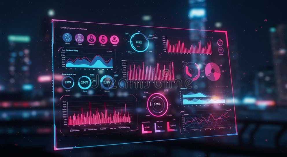 Futuristic Digital Interface Featuring Various Data Visualizations, Including Line Graphs, Stock ...