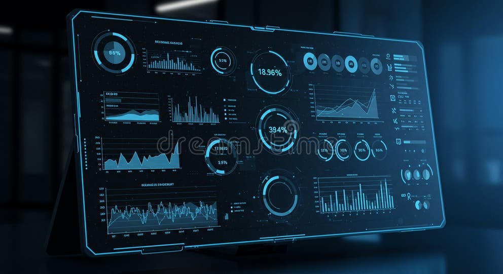 A Futuristic Digital Interface Featuring Various Data Visualizations ...