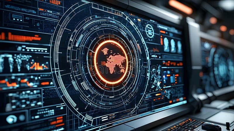Futuristic Digital Interface with Global Map and Data Visualization ...