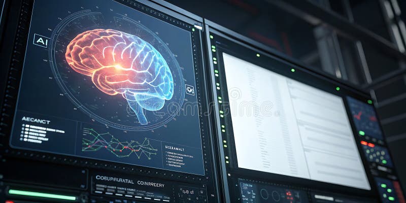 Futuristic Digital Interface with Glowing AI Brain Display Stock Illustration - Illustration of ...
