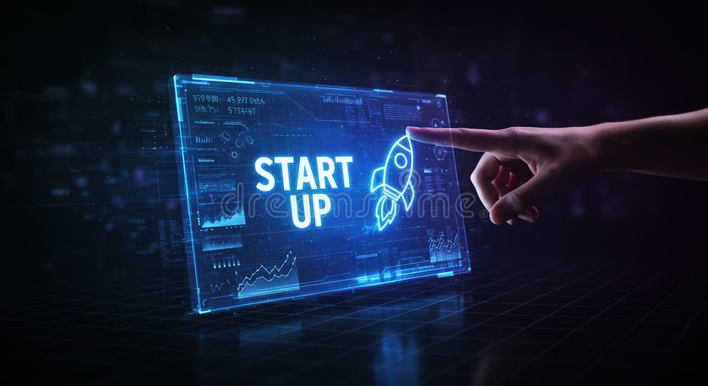 Futuristic Digital Interface with Glowing Blue Graphics Displays the Word "START Stock ...