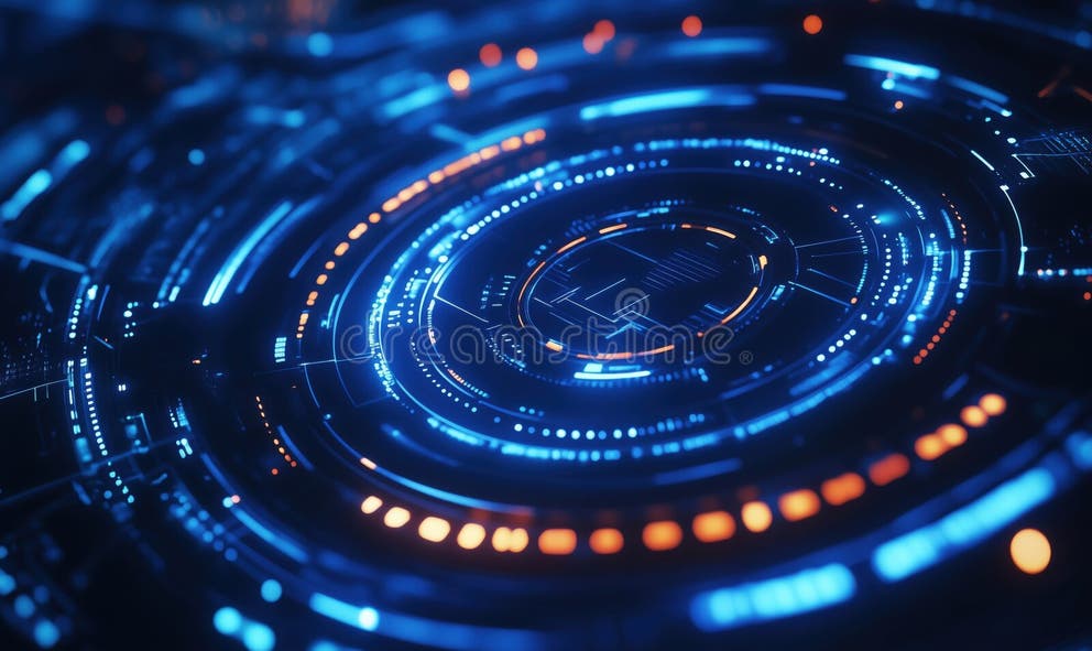 Futuristic Digital Interface with Glowing Blue and Orange Circular ...