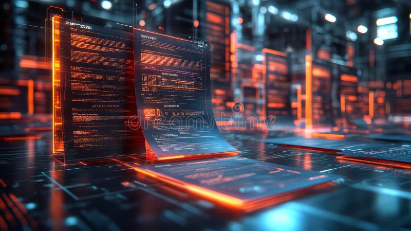 Futuristic Digital Interface with Glowing Code Displayed on Transparent ...