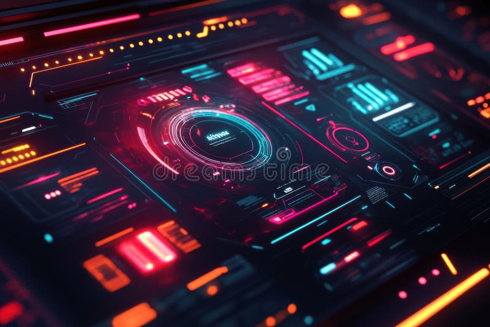 Futuristic Digital Interface with Glowing Elements and Complex Graphics at Night. Generative AI ...