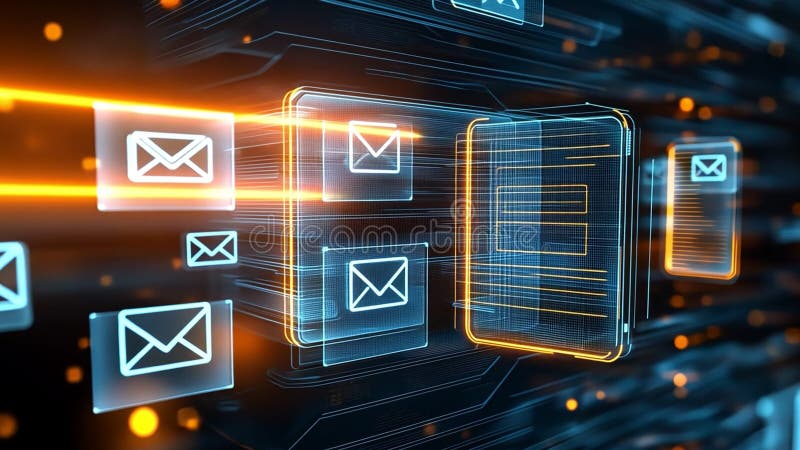 Futuristic Digital Interface with Glowing Email Icons and Data Streams ...