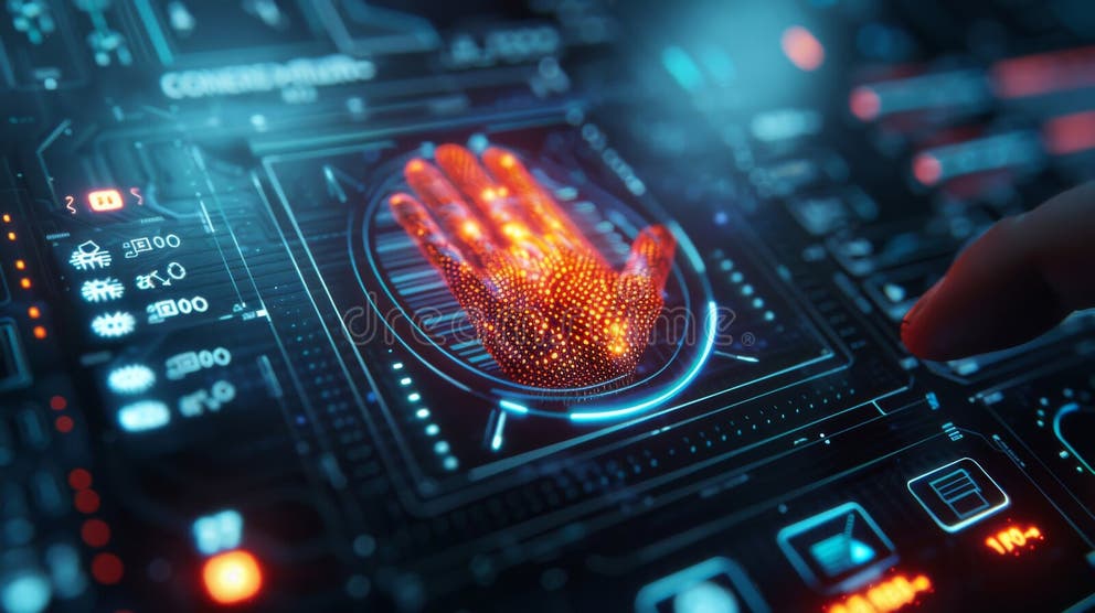 Futuristic Digital Interface with Glowing Hand Authentication ...