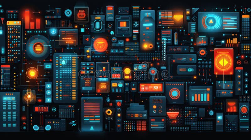 A Futuristic Digital Interface with Glowing Icons and Digital Displays ...