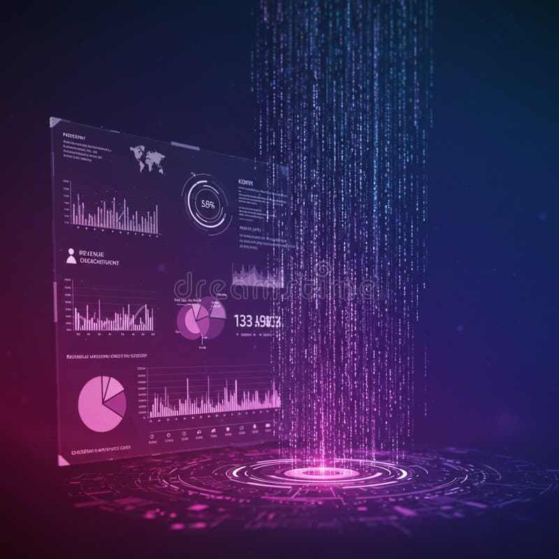 Futuristic Digital Interface with Glowing Purple and Pink Graphics. Display Shows Stock ...