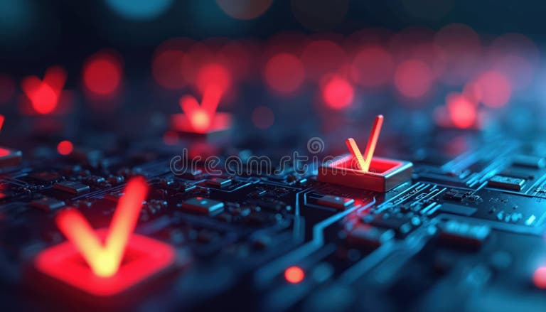 Futuristic Digital Interface with Glowing Red Check Marks on Dark Cyber ...