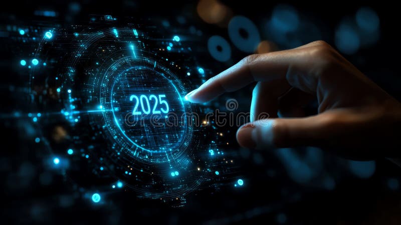 Futuristic Digital Interface with Hand Interacting, Focus on Year 2025 ...