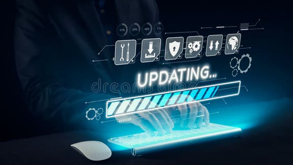 Futuristic Digital Interface with Hands Typing on Keyboard, Progress Bar, and Icons for Software ...