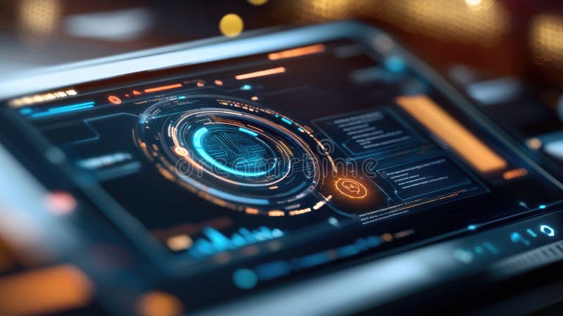 Futuristic Digital Interface with Holographic Design on Touchscreen Display Stock Image - Image ...