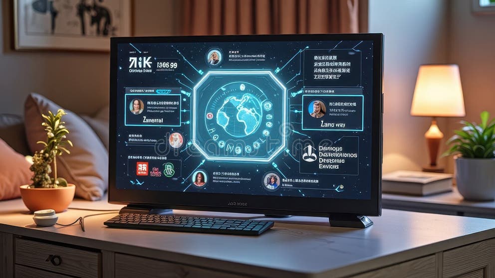 Futuristic Digital Interface on Monitor in Cozy Modern Home Office ...