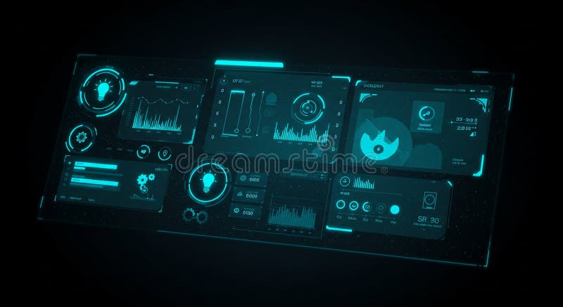 Futuristic Digital Interface with Multiple Display Panels Featuring Graphs, Dials, and Stock ...