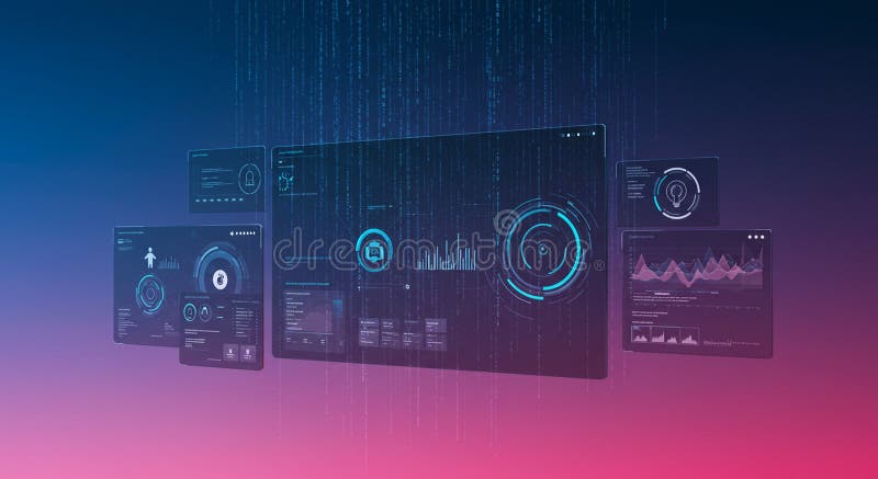 Futuristic Digital Interface with Multiple Translucent Screens Displaying Data Stock ...