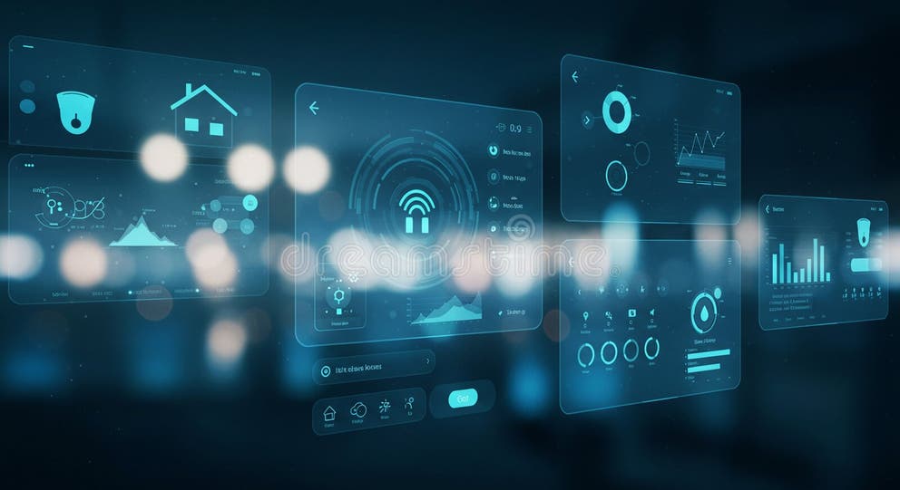 Multiple Glowing Transparent Digital Screens Stock Illustrations – 221 ...