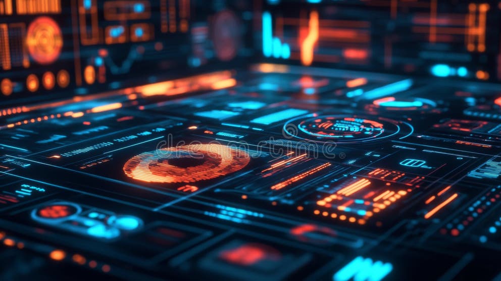Futuristic Digital Interface with Orange and Blue Glowing Elements ...