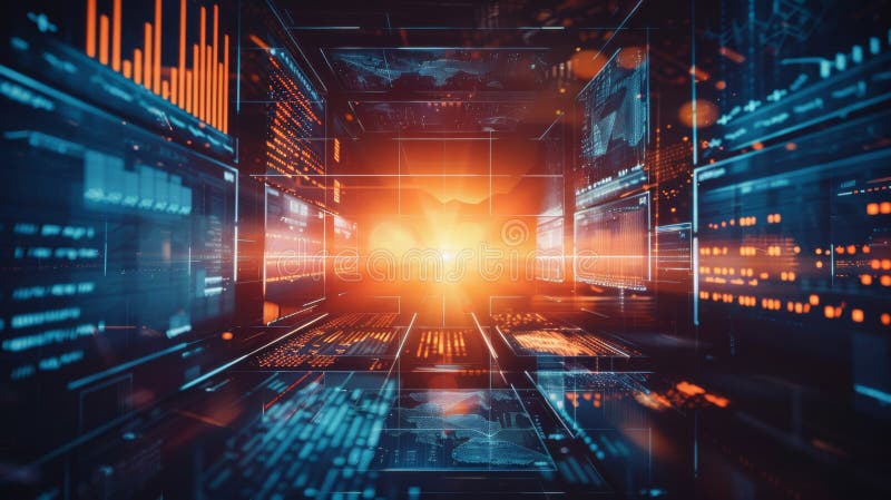 Futuristic Digital Interface with Orange Light and Data Panels Stock ...