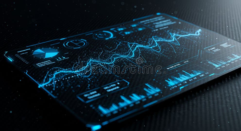 Futuristic Digital Interface Panel Displaying Data Visualizations Like Graphs, Charts, and Stock ...