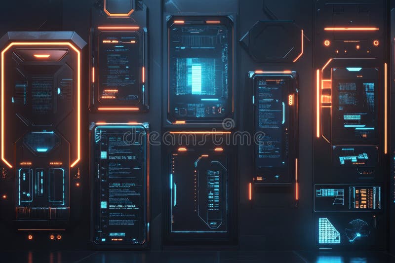 Futuristic Digital Interface Panels Glowing with Blue and Orange Light ...