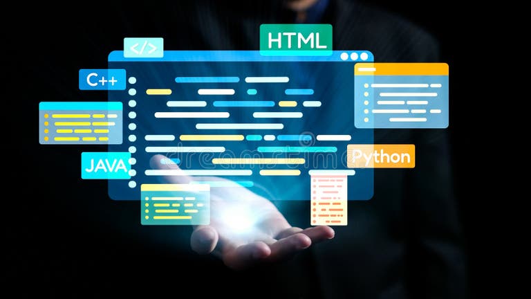 Futuristic Digital Interface with Programming Languages and Code Displayed in Holographic Style ...