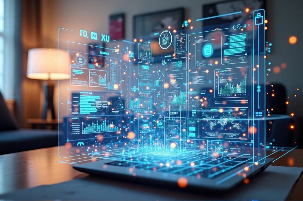 Futuristic Digital Interface Projected from Laptop in Modern Home ...