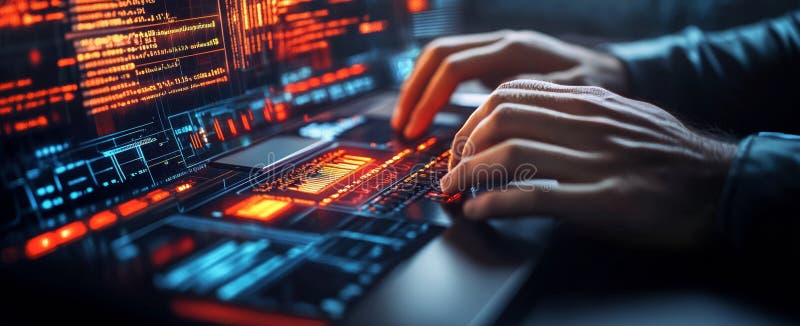 A Futuristic Digital Interface with a Red Hue is Being Interacted with ...