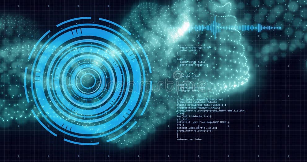 Futuristic Digital Interface with Rotating Circles and Code Image Over ... Futuristic Digital Interface with Rotating Circles and Code Image Over ...