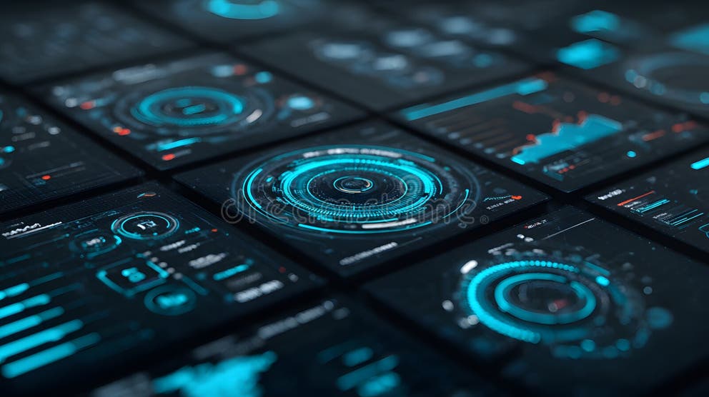 Futuristic Digital Interface Screens with Blue Data Visualization and ...