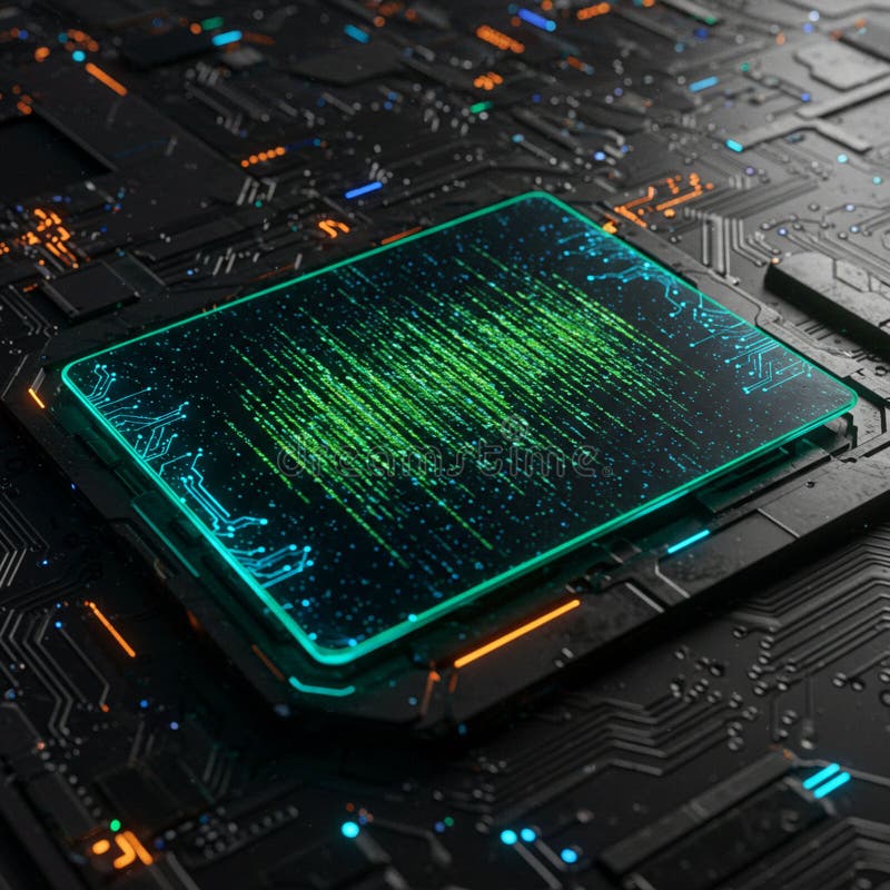 A Futuristic Digital Interface Set on a Black Circuit Board Background ...