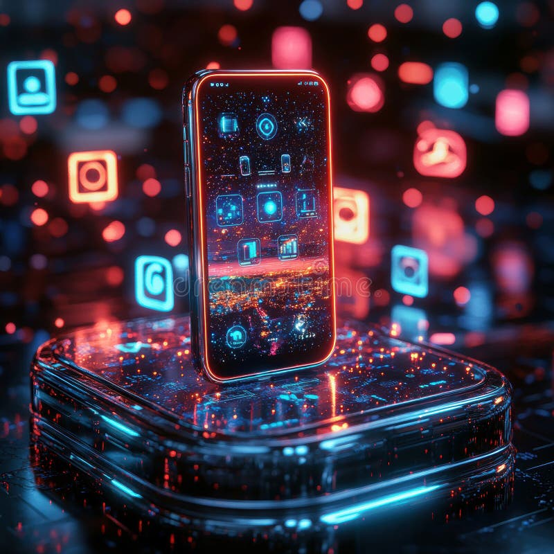A Futuristic Digital Interface Showcases a High-tech Smartphone with ...