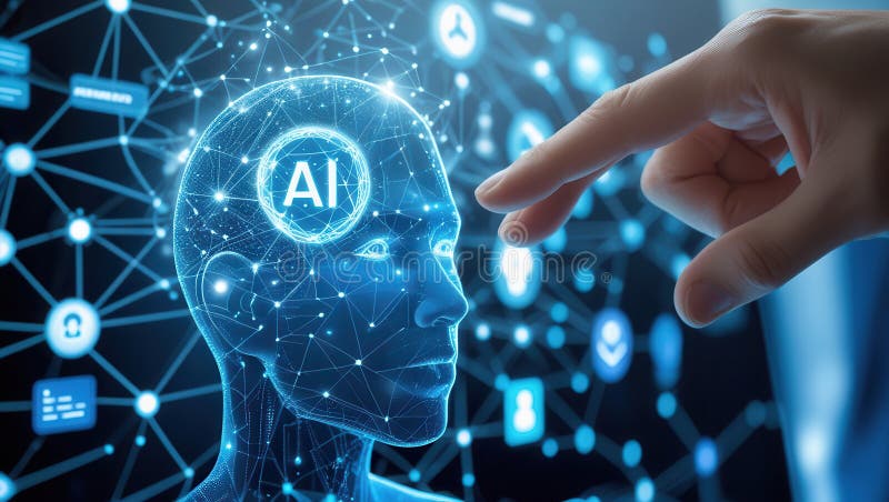 Tech Hand Interacting with Ai Head Stock Image - Image of glowing ...