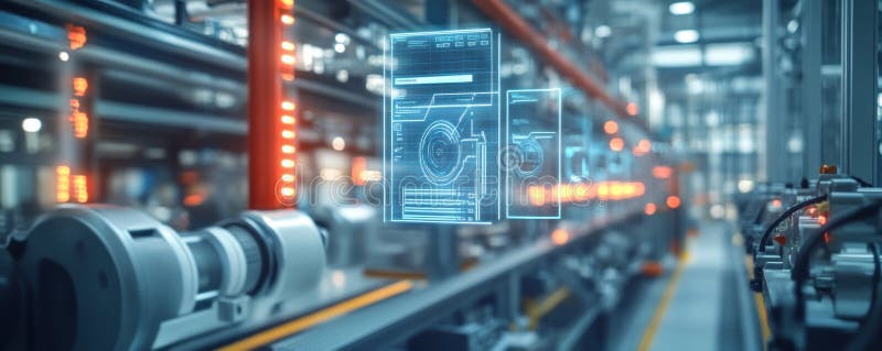 Futuristic Digital Interface in a Smart Factory. Industrial Technology with Holographic Screen ...