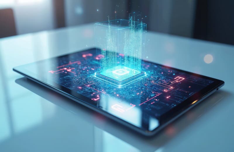 Futuristic Digital Interface on Table. Holographic Screen, Glowing ...