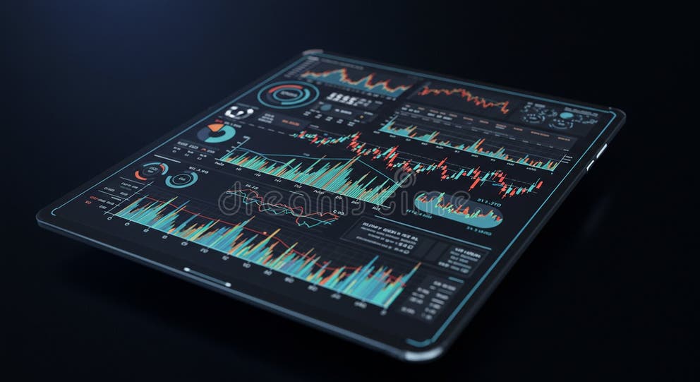 A Futuristic Digital Interface on a Tablet Displays Complex Data Visualizations. this Stock ...