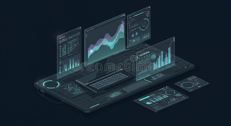 Futuristic Digital Interface with Translucent Graphic Panels Displaying ...