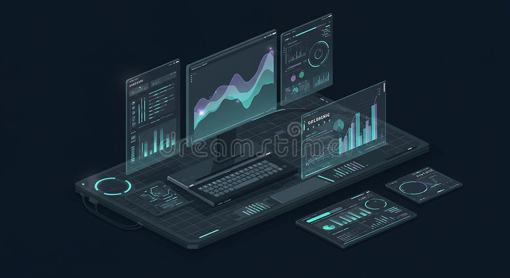 Futuristic Digital Interface with Translucent Graphic Panels Displaying ...