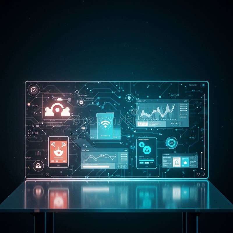 A Futuristic Digital Interface on a Transparent Screen is Displayed ...