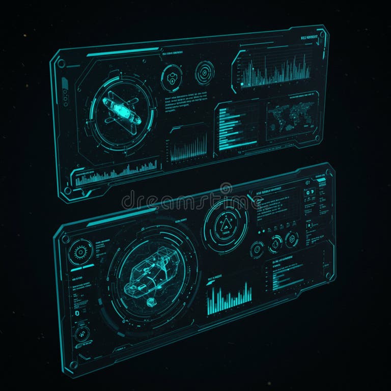 Futuristic Digital Interface with Two Holographic Panels Featuring ...